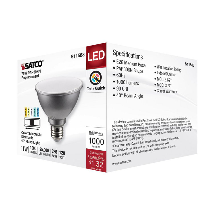 Satco 75 Watt Equivalent PAR30SN E26/Medium (Standard) Dimmable LED Bulb - Wayfair Canada